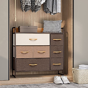VredHom Wide Fabric Dresser Tower, 7 Drawers Fabric Closet Dresser Closets Storage Units with Sturdy Steel Frame, Wood Top & Easy Pull Fabric Bins for Bedroom, Living Room, Hallway, Entryway, Closets