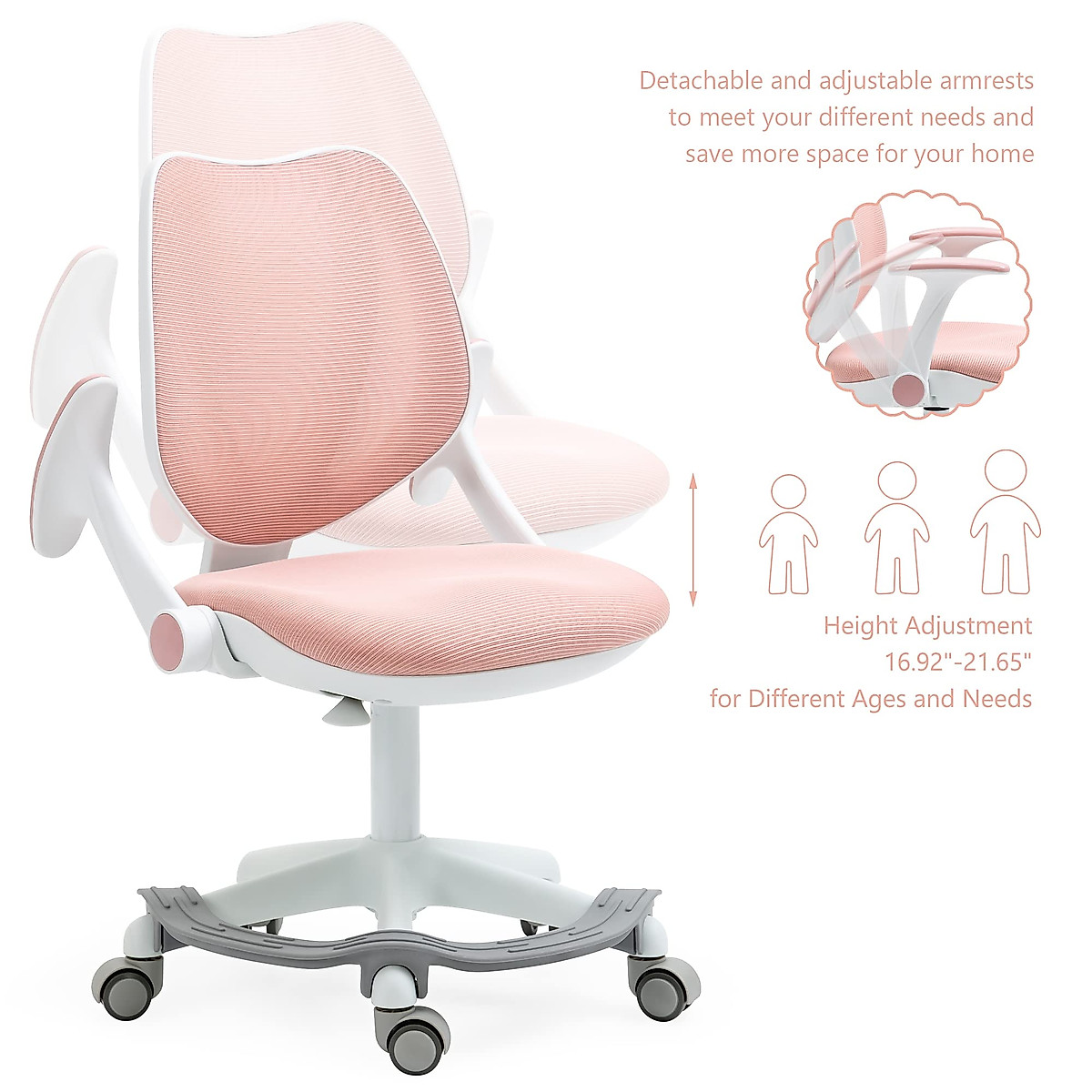 Villeston Cute Kids Desk Chair - Computer Study Reading Office Swivel Chairs for Boys Girls Teens with Adjustable Armrests and Footrest Pink