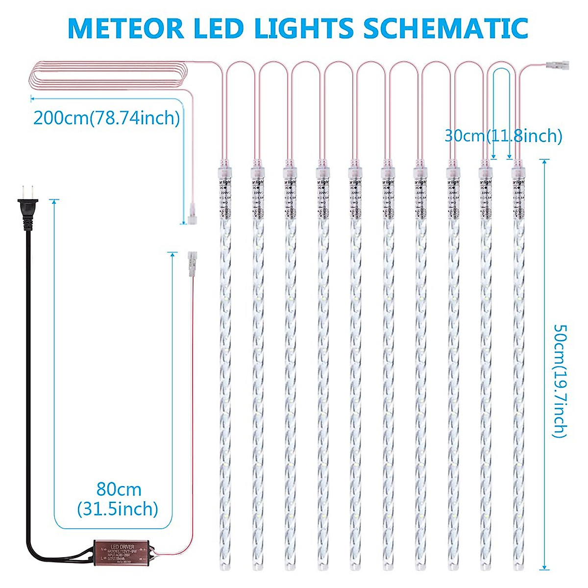 ohCome Meteor Shower Rain Drop Lights 50cm 10 Spiral Tubes 540 LEDs Waterproof Icicle Snowfall String Lights for Wedding Christmas Halloween Garden Tree Home Decor, Support 2 Sets Hook (Blue)