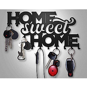 SirHoldeer Key Rack for Wall, Black Key Holder for Wall Decorative, Metal Wall Decor for Office, Hallway, Entryway, Key Hooks Hanging Keys, Small Key Hanger for Wall, Farmhouse Home Sweet Home Sign