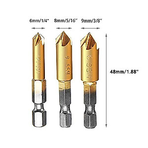 Countersink Drill Bit Set 3 Pcs 1/4'' Hex Shank High Carbon Steel 5 Flute Countersink 90 Degree Center Punch Tool Sets for Wood Quick Change Bits 6mm 8mm 9mm