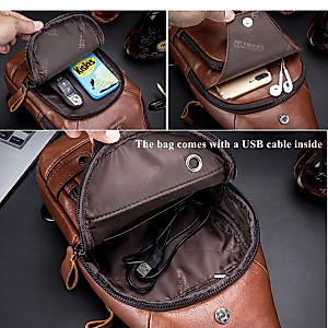 BULLCAPTAIN Sling Bag Crossbody Backpack with USB Charging Port Genuine Leather Hiking Travel Daypack XB-129 (Brown)