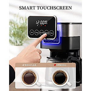 KIDISLE Programmable Drip Coffee Maker with Regular & Strong Brew, Warming Plate, 10 Cup Small Coffee Machine with Touch Screen, Glass Carafe and Reusable Filter for Home and Office, Stainless Steel