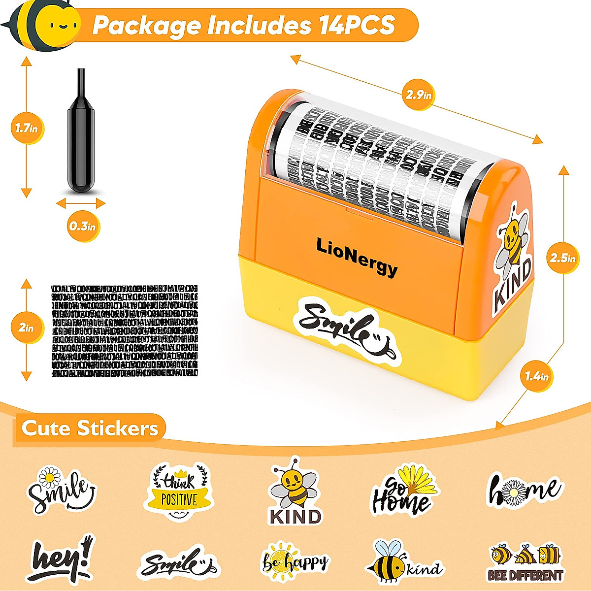 Identity Protection Roller Stamp LioNergy Extra Large Roller Identity Theft Prevention Security Stamp with 3 Refills, 10PCS Personalise Vinyl Waterproof Stickers –Orange Yellow