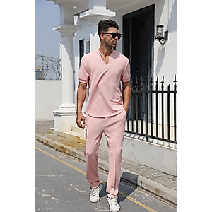 FZNHQL 2023 Men's Sports Clothing Casual Tracksuit Set 2 Piece Outfits Polo Shirt Athletic Pants Track Suit for Men Fashion Sweatsuit Set Pink XL