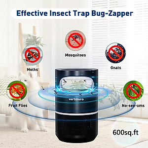vertmuro Indoor Insect Trap, 2-Mode Bug Catcher & Killer with Strong Suction, Time Setting, UV Light, Mosquito Bug Zapper for Fruit Flies, Gnats, Moths