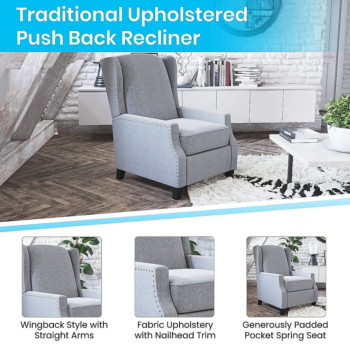 Flash Furniture Prescott Polyester Fabric Upholstered Slim Wingback Recliner, Modern Pushback Recliner Chair with Pocket Spring Seat, Gray