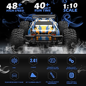 Holyton 1:10 Large High Speed Remote Control Car with LED Shell Lights, 48+ KM/H, 4WD Offroad Monster Truck for Adults & Kids, Hobby RC Truck Vehicle, 2 Battery Crawler Toy Gift for Boy