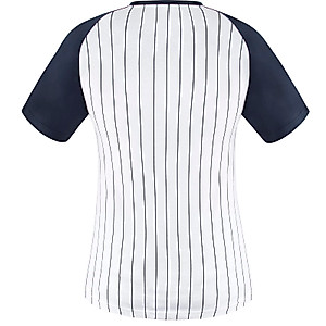 Womens City Baseball Fans Sporty Pinstripe V Neck Tee Shirts - White & Navy Size: Small