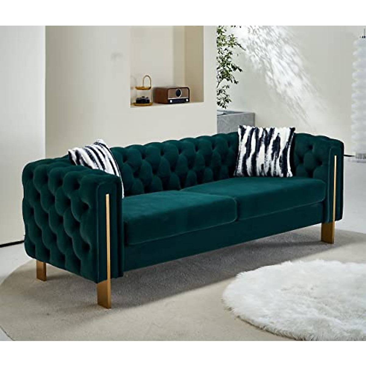 Zushule Tufted Velvet Chesterfield Sofa - A Modernized Classic with Gold Metal Legs and 2 Throw Pillows - Couches for Living Room, Office, and Bedroom - Emerald Green Couch