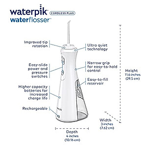 Waterpik Cordless Plus Water Flosser with 4 Flossing Tips, Rechargeable and Portable for Travel and Home, ADA Accepted, White WP-450