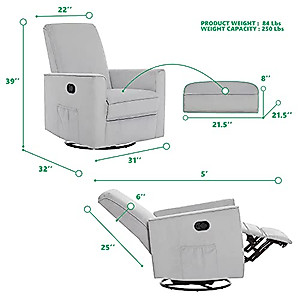 Evolur Raleigh Upholstered Plush Seating Glider Swivel, Recliner, Glider For Nursery In Misty Grey, Greenguard Gold Certified, Modern Nursery Recliner, Environmentally Conscious Glider