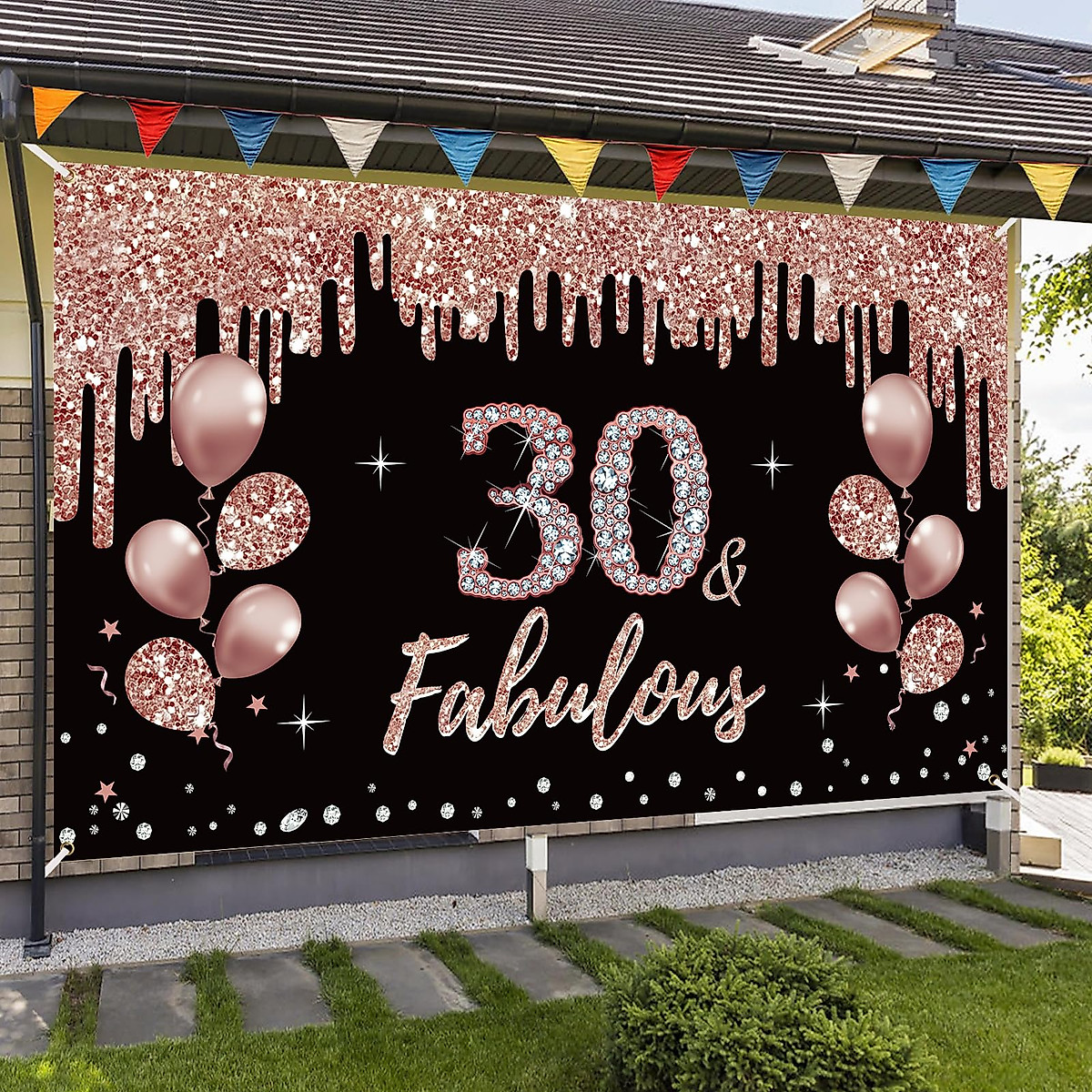 30th Birthday Decorations 30 & Fabulous Birthday Banner for Women, Rose Gold 30 Birthday Theme Sign Party Supplies, Thirty Year Old Bday Background Photo Booth for Indoor Outdoor