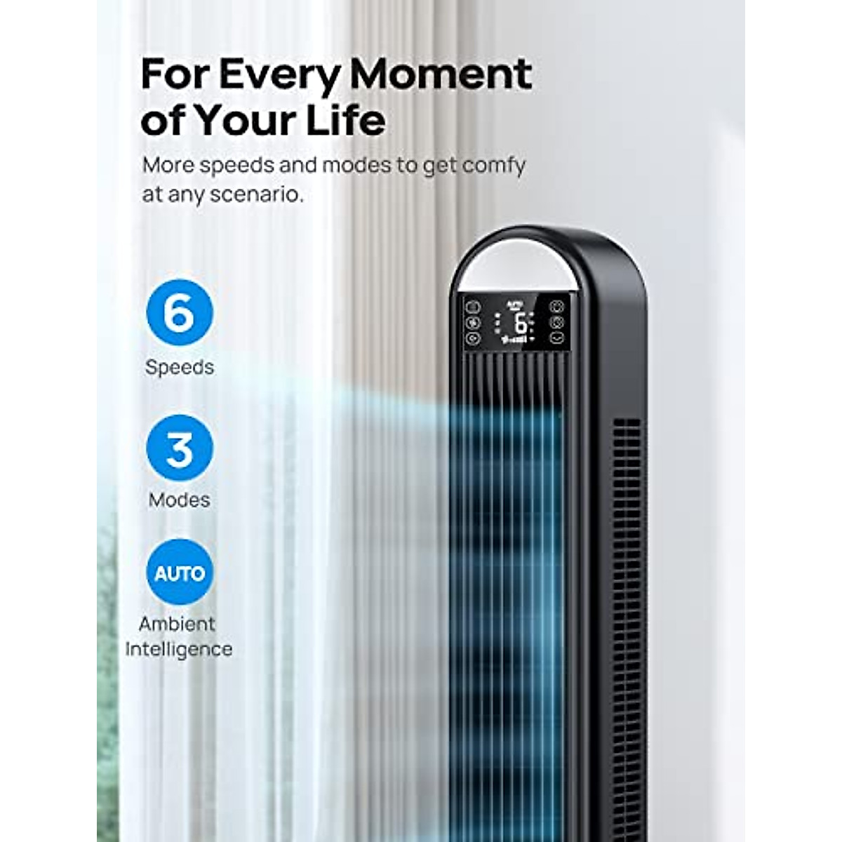 Dreo Smart Tower Fans for Home, 90° Oscillating Fan for Bedroom Indoors, Voice Control Floor Fan with 12H Timer, 42 Inch Quiet Bladeless Standing Fan with LED Display, 6 Speeds, Work with Alexa/Google