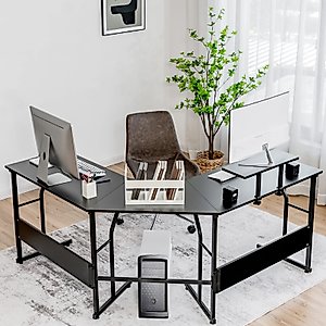 Tangkula L-Shaped Reversible Computer Desk, 2 Person Long Computer Workstation w/Movable Monitor Stand, Large Home Office Corner Desk for Working Writing Gaming (Natural)