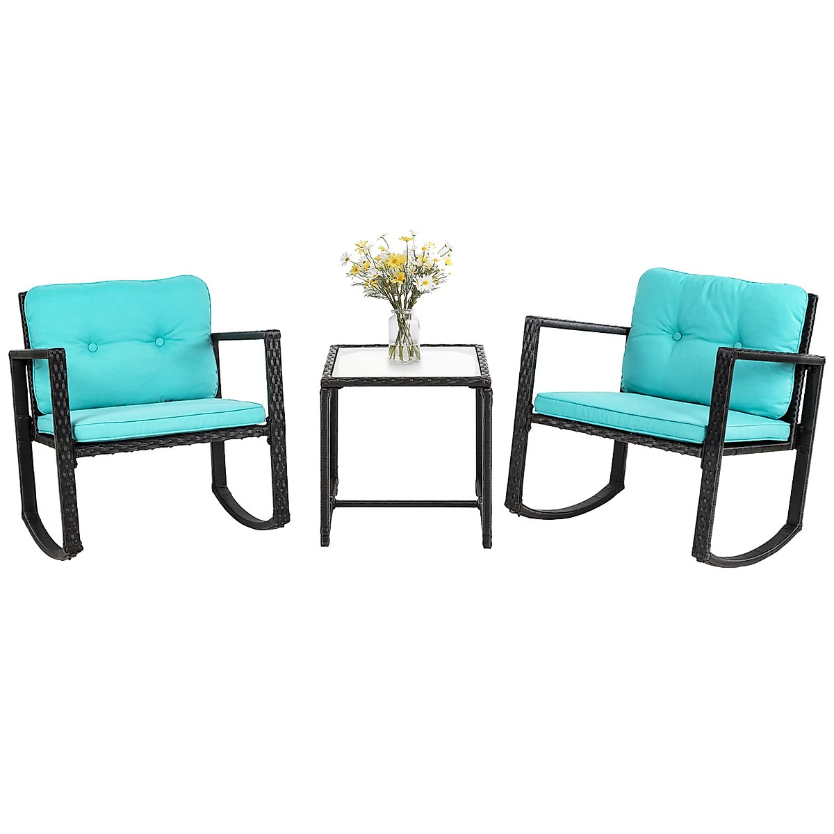 PayLessHere Outdoor Conversation Sets Rattan Furniture Wicker Rocking Chairs with Blue Cushions and Glass Coffee Table for Balcony Poolside Garden Patio Porch Backyard