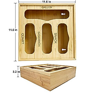 Bamboo Ziplock Bag Storage Organizer for Kitchen Drawer, Wooden Food Storage Bag Holders, Ziploc Baggie Organizer Dispenser, Compatible with Gallon, Quart, Sandwich & Snack Bags Variety Size Bag