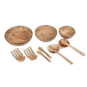 Winlay Wooden Serving Bowls with Spoon set 3 Mango Wooden Salad Bowl along with spoons and Salad Bowls mixer kitchen bowls Popcorn bowls 3 Size 10" x 7.75" x 6" Width, Burn Brown finish