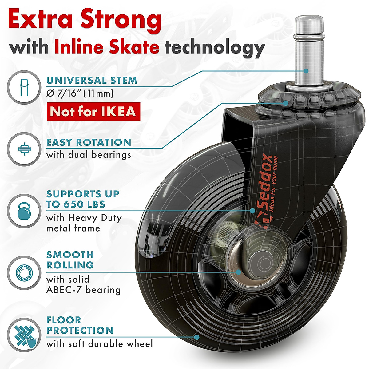 Professional Office Chair Wheels Gift Set of 5 Black - Protect All Your Floors - 3'' Heavy Duty Replacement Rubber Desk Chair Casters - Best Protection for Your Hardwood Floors