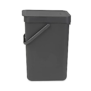 Brabantia Sort & Go Kitchen Recycling Can (3.2 Gal / Gray) Stackable Waste Organiser with Handle & Removable Lid, Wall/Cupboard Mounting