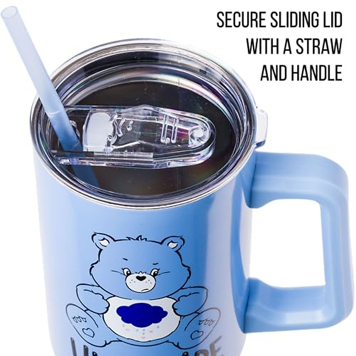 Silver Buffalo Care Bears Grumpy Bear Like I Care Stainless Steel Tumbler with Handle and Straw, Fits in Standard Cup Holder, 40 Ounces