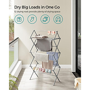 SONGMICS Foldable Clothes Drying Rack, Laundry Drying Rack, Clothes Airer, Steel Frame, 14.6 x 29.5 x 53.2 Inches, Easy Assembly, Indoor Outdoor Use, Gray ULLR770G01