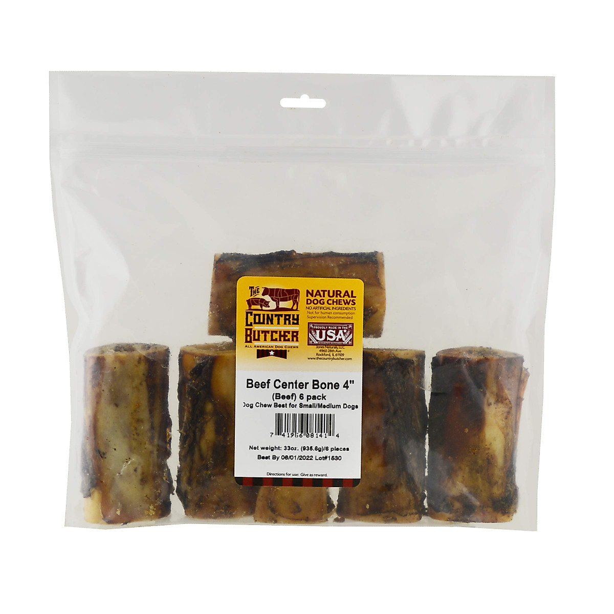 THE COUNTRY BUTCHER 4" Beef Marrow Dog Bones for Aggressive Chewers, Small and Medium Breed Dog Treat, with Collagen, Natural, Tough, Chew Toy, Made in The USA, 6 Count