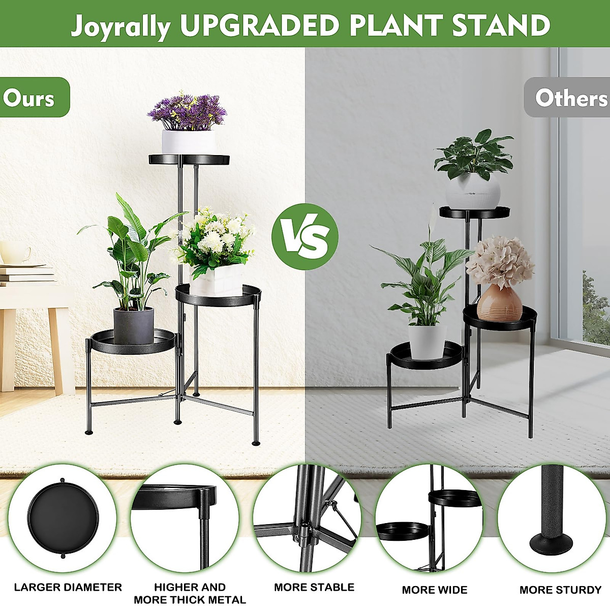 Plant Stand Indoor Outdoor 3 Tier Tall Metal Plant Rack Organizer 3 Flower Pot Holder Shelves Planter Display Storage Shelf for Home Garden Patio Bathroom Office Living Room Balcony Corner(Black)