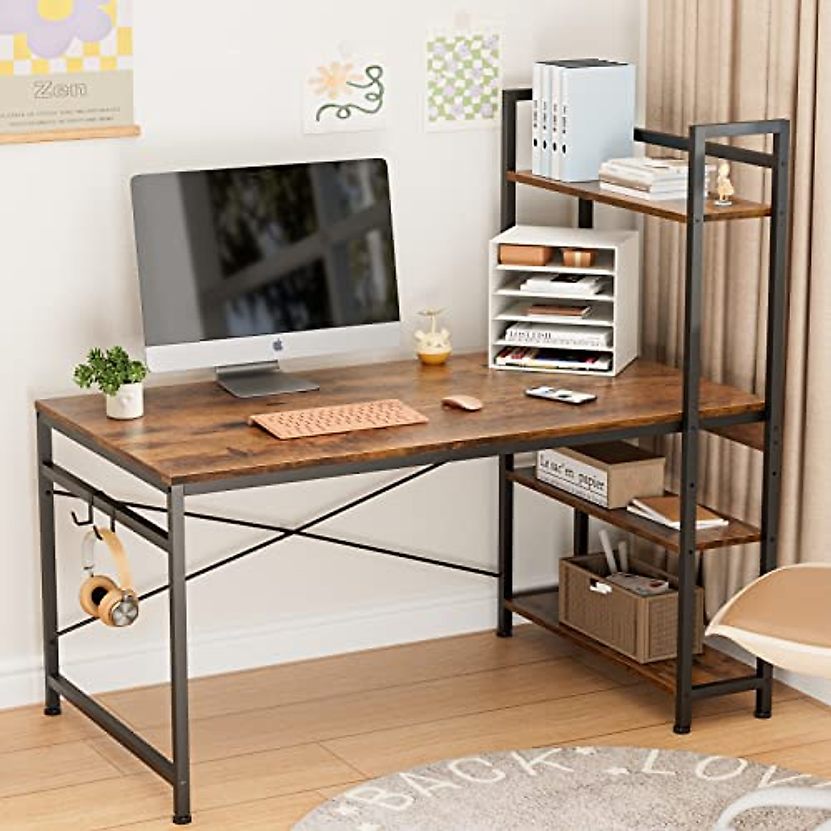 Engriy Computer Desk with 4 Tier Shelves for Home Office, 47" Writing Study Table with Bookshelf and 2 Hooks, Multipurpose Industrial Wood Desk Workstation with Metal Frame for PC Laptop, Rustic Brown
