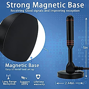 Digital HDTV Antenna - Powerful Magnetic Base - Coaxial Cable/AC Adapter - 60+ Mile Signal Reception Range - Indoor or Outdoor HDTV Antenna Support 4K 8K 1080P All TV's