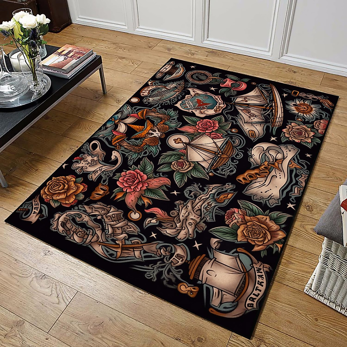 Neo Traditional Sailor Jerry-Inspired Tattoo Flash Art Area Rug Rugs for Girls Nursery Home Decor Indoor Carpet Full Size (5x8, 4x6, 3x5)