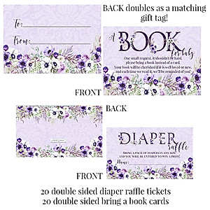 Amanda Creation Watercolor Violet Floral Baby Shower Party Bundle Includes 20 each of Invitations with Envelopes + 4 Different Sizes of Decorative Stickers, Diaper Tickets & Bring a Book Cards