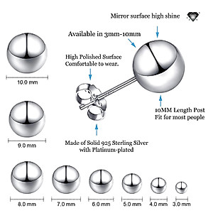 925 Sterling Silver Ball Stud Earrings Available in 3mm-10mm,Classic Round Ball Studs Hypoallergenic Jewelry (10mm)