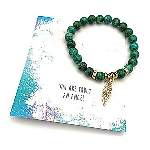 Smiling Wisdom - Angel Wing Appreciation Kindhearted Thank You Keepsake Greeting Card and Stretch Stone Bracelet - Green Rain Flower Stones - 7.5 inches Medium