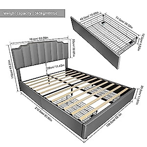 Origeture Queen Bed Frame with 2 Storage Drawers and Adjustable Headboard, Upholstered Linen Padded Platform Bed, Strong Wooden Slats Support, No Box Spring Needed, Easy Assembly, Noise-Free (Grey)