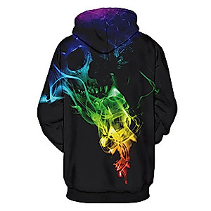 RAISEVERN Mens Skeleton Hoodie Halloween Long Sleeve Fleece Skull Graphic Hoodie Funny Hooded Sweatshirt Women Cool Novelty 3D Printed Colorful Smoke Unisex Drawstring Pullover Hoodies with Pockets