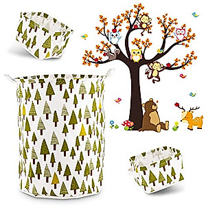 Shiny Blue Woodland Nursery Decor Set (4pce) Laundry Basket, 2 Small Storage Baskets & Forest Animal Wall Decal - Tree Print Laundry Hamper & Storage Bins - DIY Wall Decal Sticker - Woodland Decor