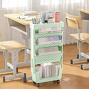Lalaunicky 5 Tier Rolling Book Cart,Mobile Bookshelf with Wheels，Paper Cart and Rolling Homeschool Cart for Schools, Libraries, Offices, Homes, Children's Rooms (Green)