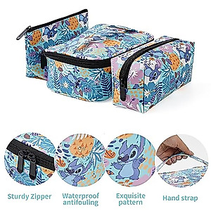 MRSP 3 sets makeup bag+Double Sided Cosmetic Mirror travel small cosmetic case portable with multifunctional waterproof Organizer bag for women Stitch Stuff Gift (Stitch)