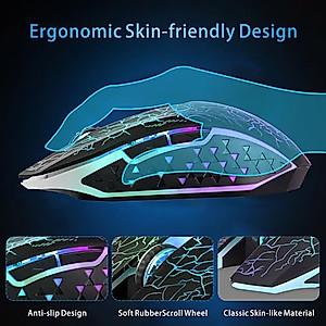 TENMOS M2 Wireless Gaming Mouse, Silent Rechargeable Optical USB Computer Mice Wireless with 7 Color LED Light, Ergonomic Design, 3 Adjustable DPI Compatible with Laptop/PC/Notebook, 6 Buttons (Black)