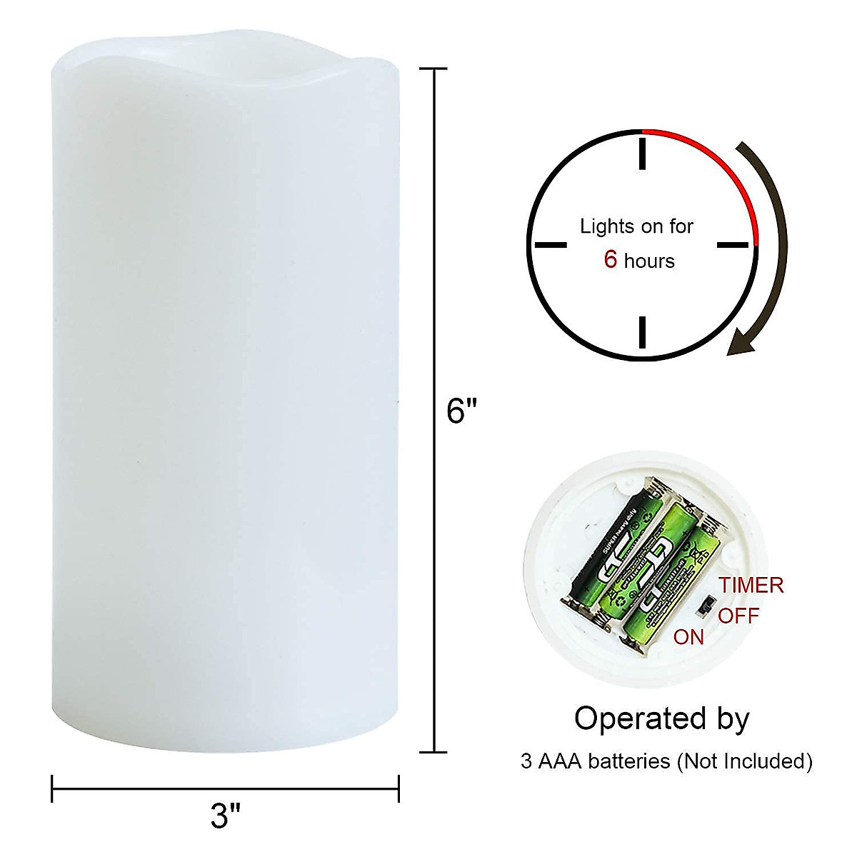 Wondise Waterproof Outdoor Flameless Pillar Candles with 6 Hour Timer,LED Flickering Battery Operated White Plastic AAA 2 Pack Indoor Candles Home Garden Patio Party Lantern Decor(D 3" x H 6")