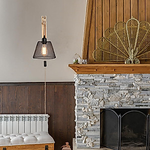 Modxian Farmhouse Plug in Wall Sconces Set of 2 Wood Wall Mounted Light with Plug in Cord Wall Lamp with Wire Cage Shade Rustic Adjustable for Bedroom Living Room Hallway Entrance E26