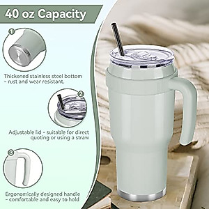 Rietore 40 oz Tumbler with Handle and Straw, Stainless Steel Tumblers Insulated Tumblers with Lids Double Wall Vacuum Coffee Travel Mug, Sweat Proof, Leak Proof, Light Emerald