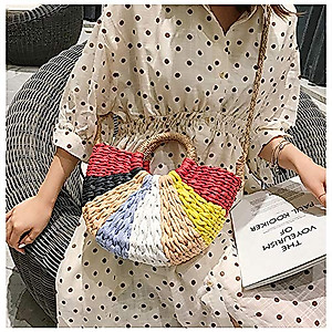 QTKJ Women Summer Retro Straw Tote Bag Hand-woven Colorful Boho Shoulder Bag Crossbody Bag Round Handle Beach Handbags