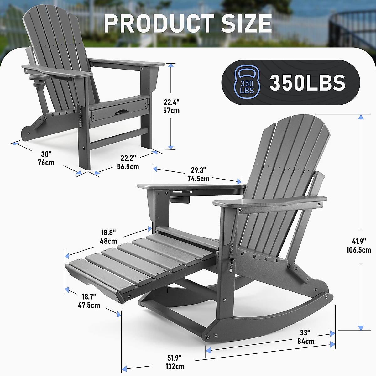 4-in-1 Adirondack Chair with Ottoman,350 LBS Folding Adirondack Chairs,Rocking Adirondack Chair with Cup Holder,Adirondack Chairs Weather Resistant,Plastic Adirondack Chairs for Adults,Fire Pit Chairs