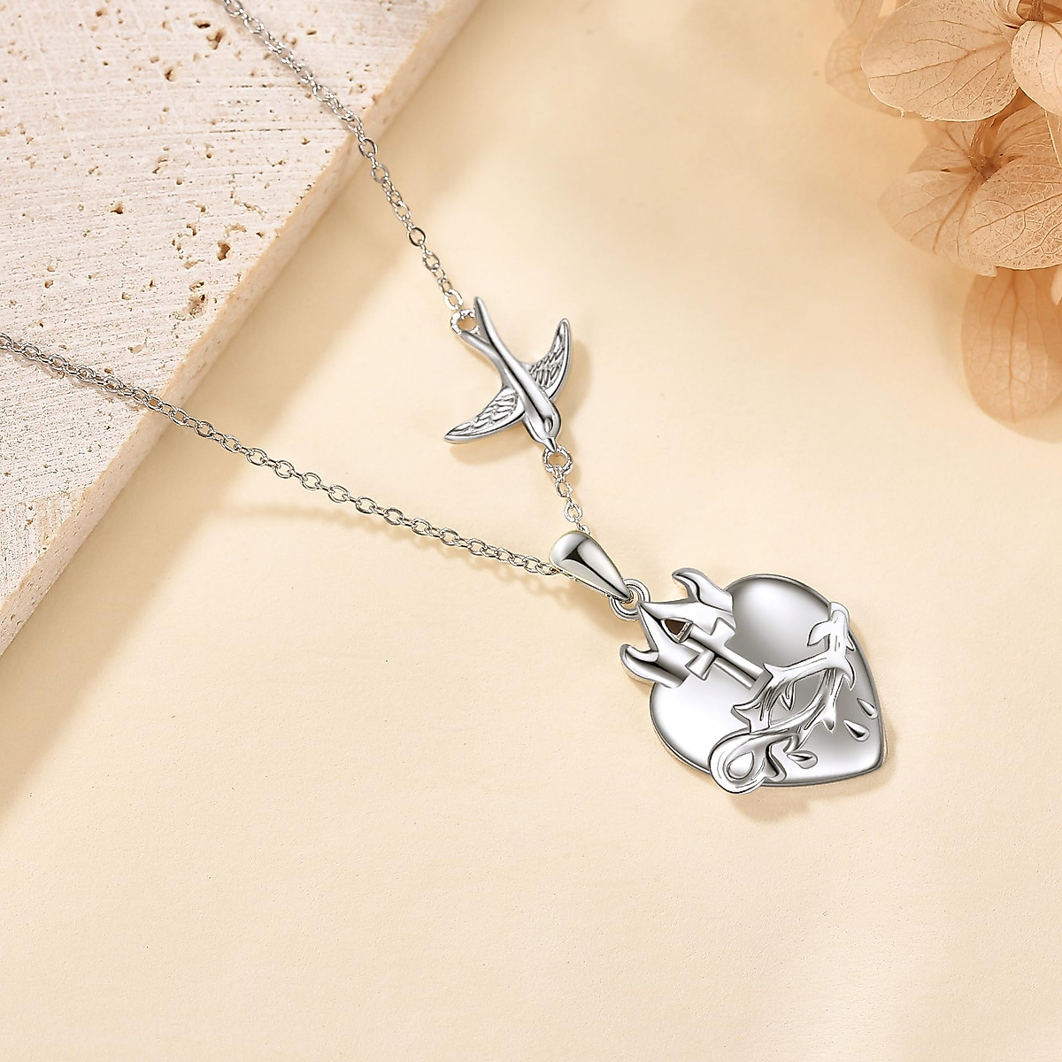 JERWLI Flaming Sacred Heart of Jesus Necklace S925 Sterling Silver Catholic Faith Charm Pendant Love of God Thorn Jewelry Easter Gifts