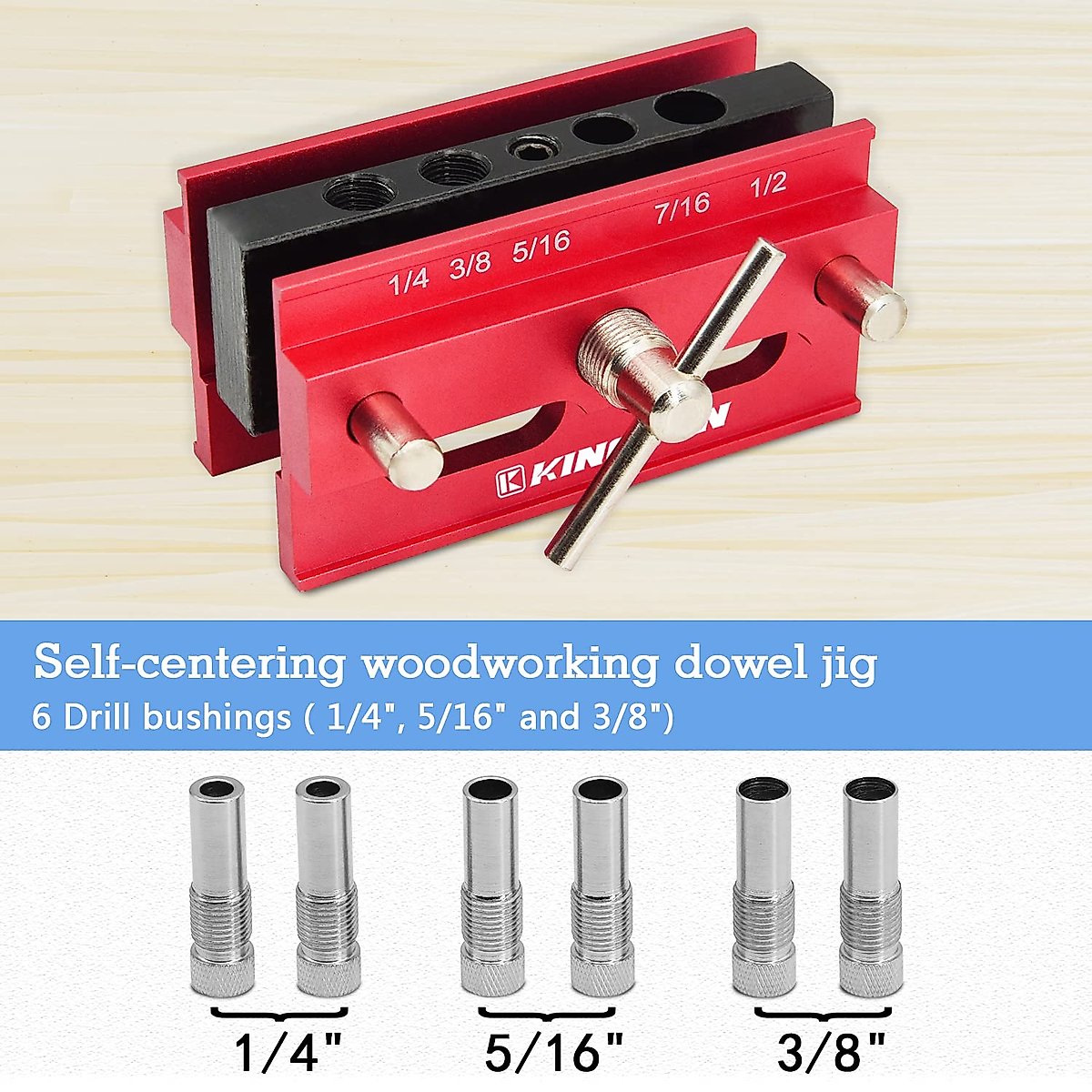 Kingson Self Centering Dowel Jig, Wood Doweling Hole Drill Guide Tool with Step Drill Guide Bushings Set, Woodworking Joints Tools for DIY Project