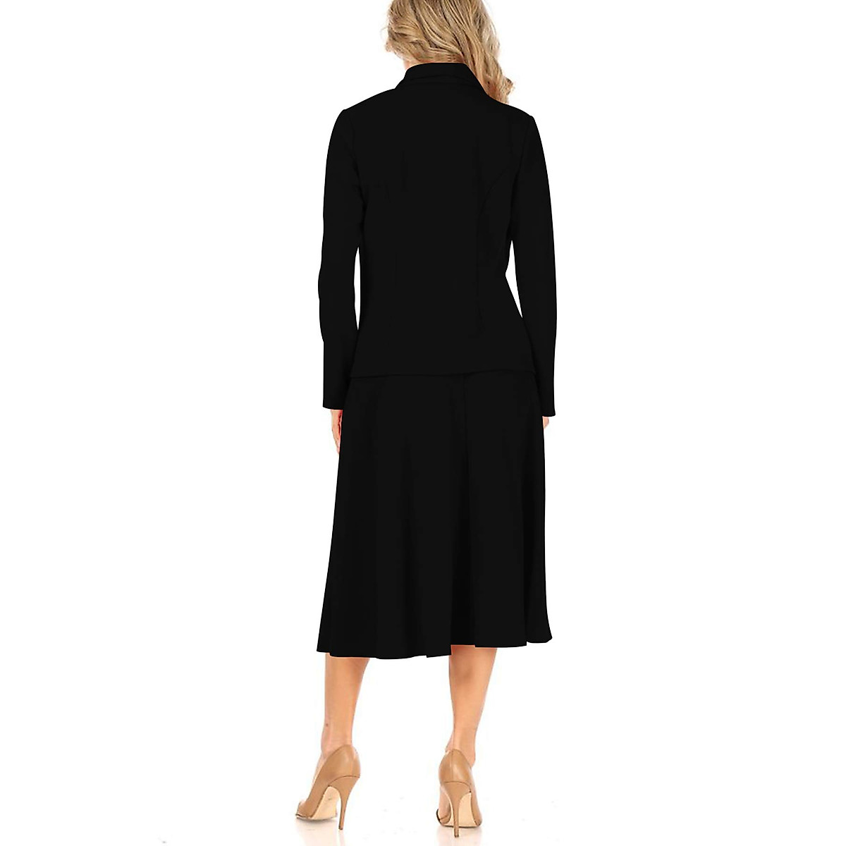 Two Piece Solid Long Sleeve Casual Blazer Relaxed A-Line Midi Skirt Black M