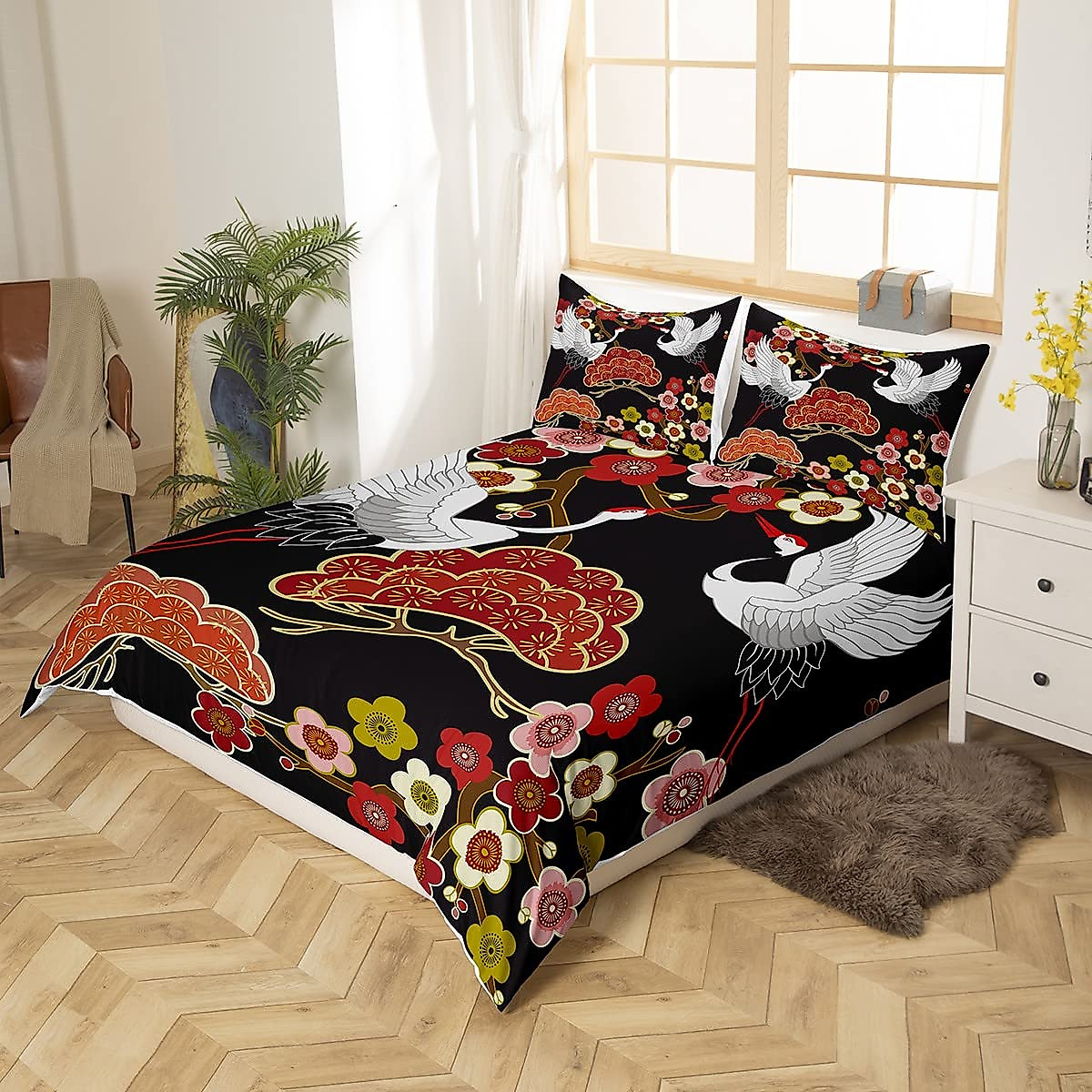 Erosebridal Japanese Ukiyoe Duvet Cover Cherry Blossom Bedding Sets King White Crane Bird Comforter Cover Animal and Botanical Theme Bedding, Microfiber Breathable Quilt Cover Black