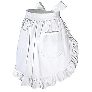 Generic Wai Apron Cute Retro Vintage Apron oking Kitchen Ruffle Maid Apron with Pockets for Women Girls (White),One Size